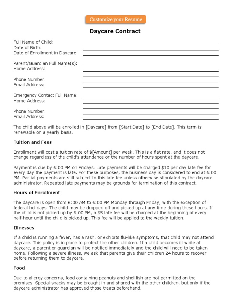 Daycare Contract | PDF | Child Care | Fee