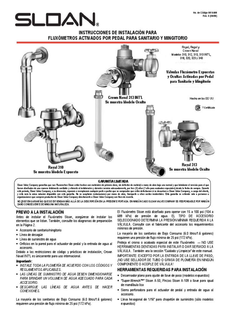 Fluxometros de Pedal Sloan | PDF | Tap (Válvula) | Tornillo