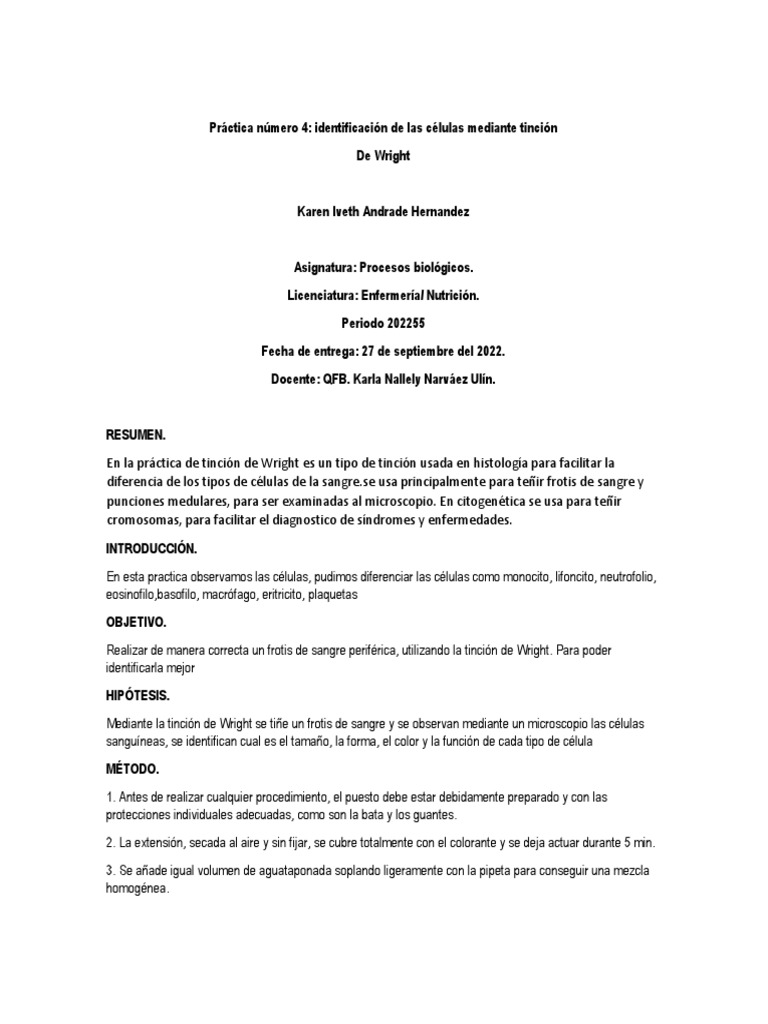 Pract. 4 Tinción de Wright Karen Iveth Andrade Hernandez | PDF | Tinción | Sangre