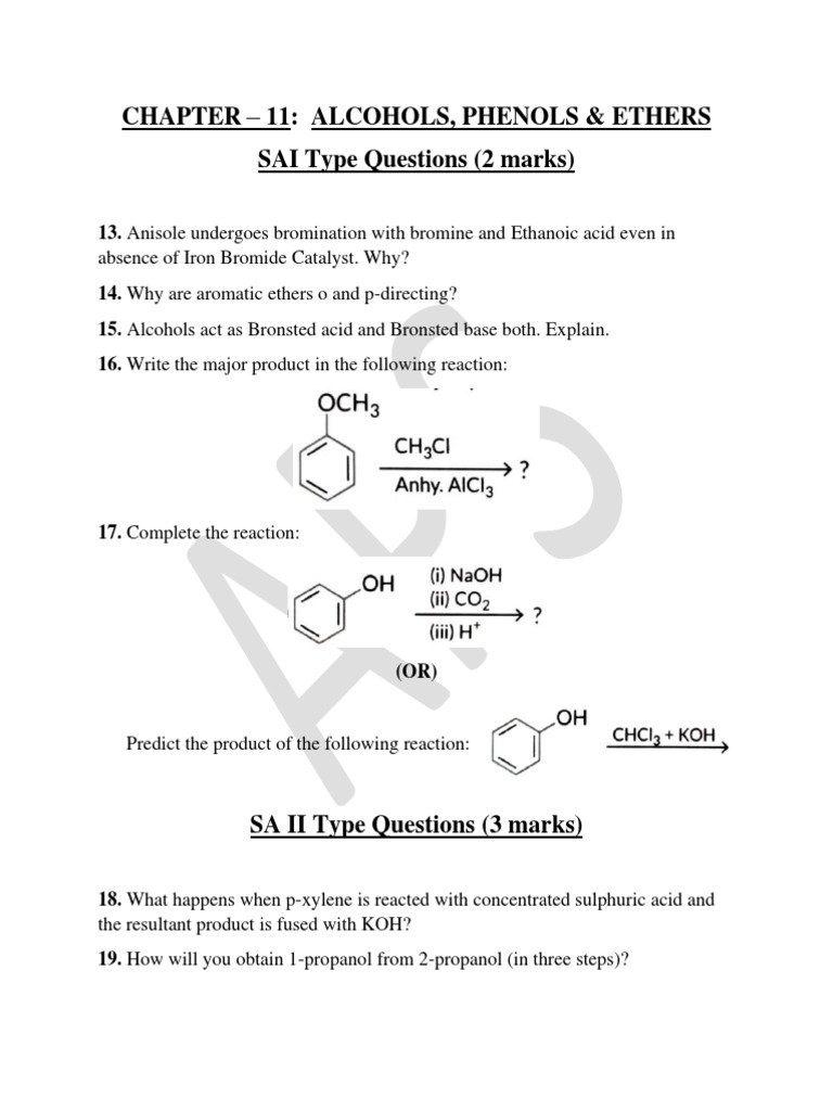 Alcohols, Phenols & Ethers Chapter Questions | PDF | Ether | Chemical ...