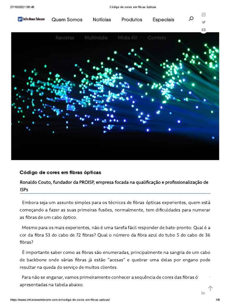 Código de cores em fibras ópticas: padrões ABNT e EIA e numeração ...