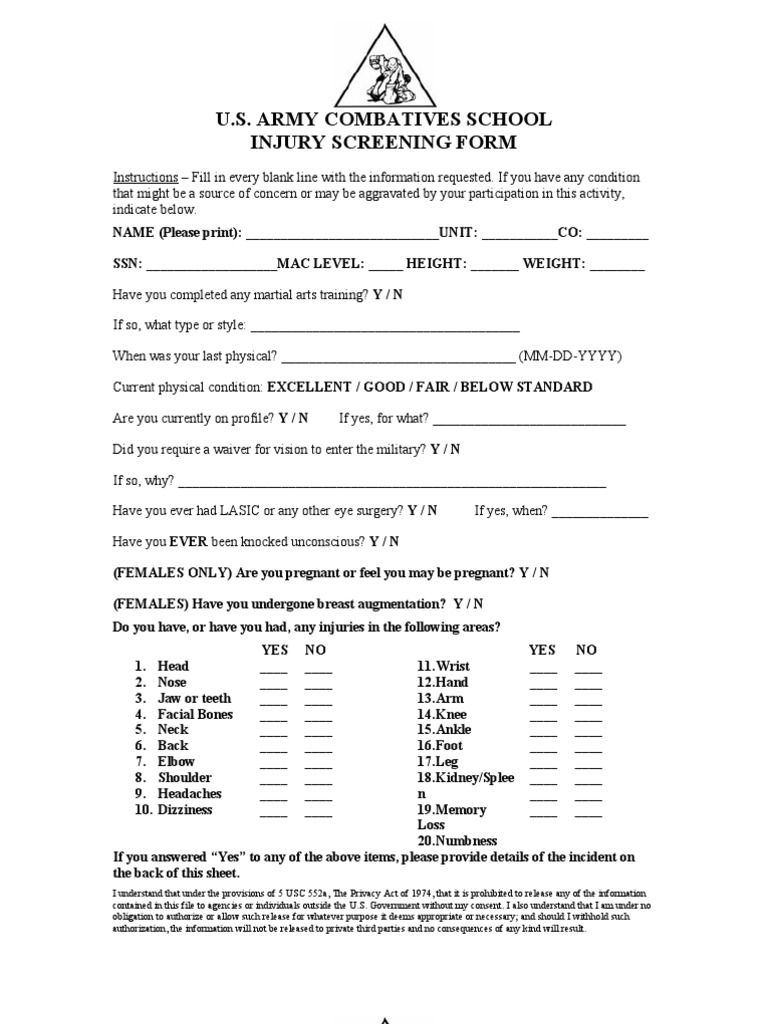 Army Combatives Injury Form | PDF