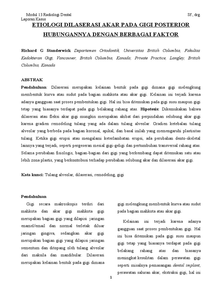 Etiologi Dilaserasi Akar Pada Gigi Posterior Hubungannya Dengan Berbagai Faktor - SF., Drg. | PDF