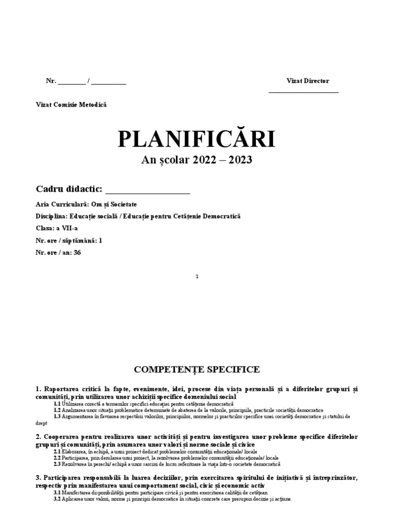 Propunere Planificare 2022 2023 Educatie Sociala Cls. VII Cu Proiect ...