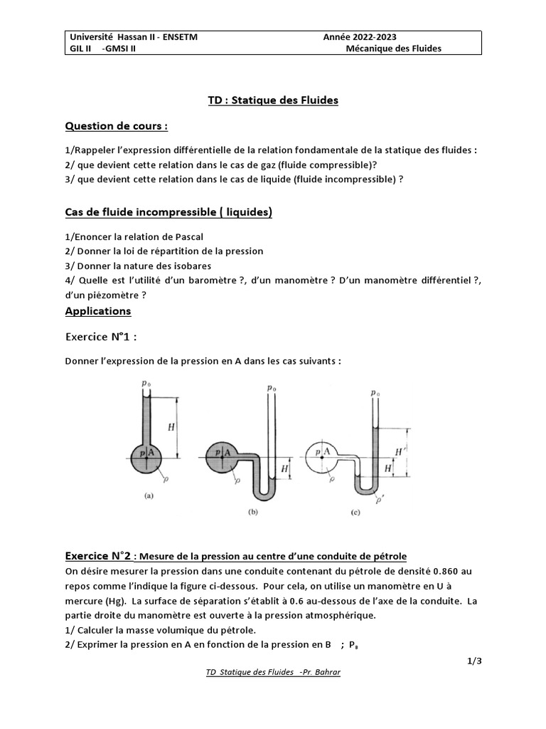 TD Statique de Fluide | PDF | mesure de pression | Pression