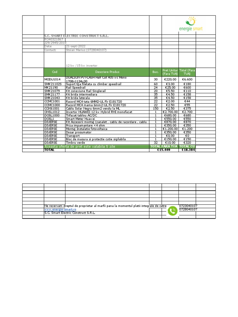 Deviz 12 KW Cu Invertor de 15 KW | PDF | Sustainable Energy ...