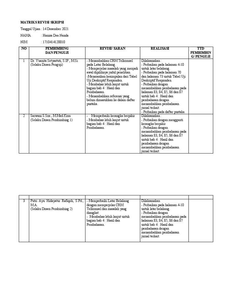 Matriks Revisi Skripsi | PDF