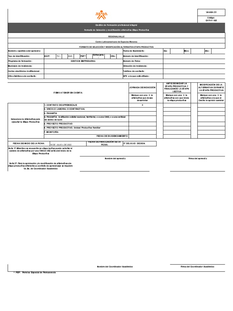 Formato GFPI-F-165: Selección Etapa Productiva | PDF