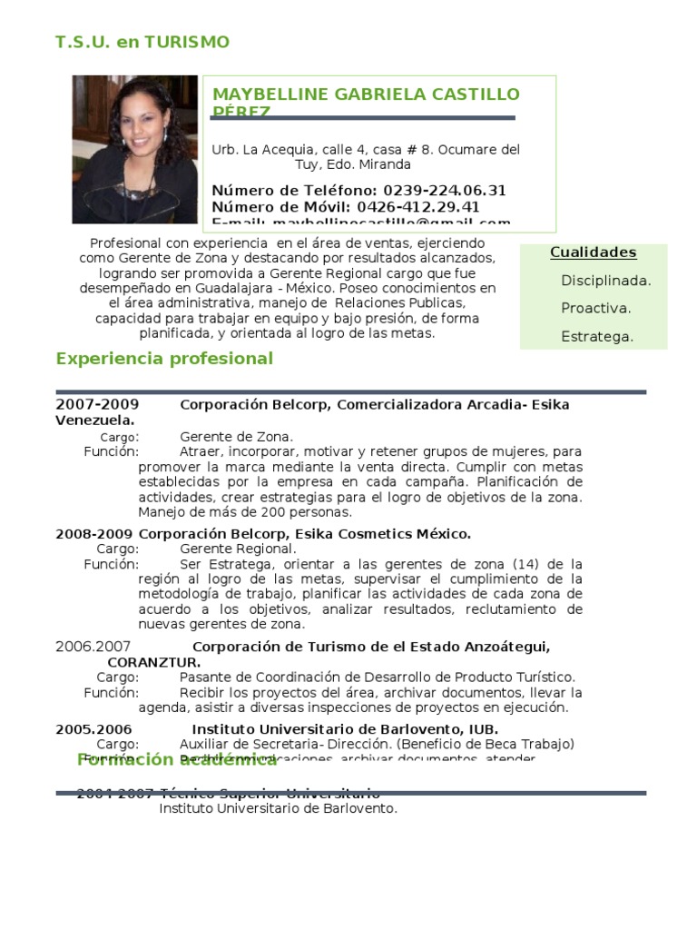 Curriculum Maybelline Castillo | PDF | Turismo | Planificación