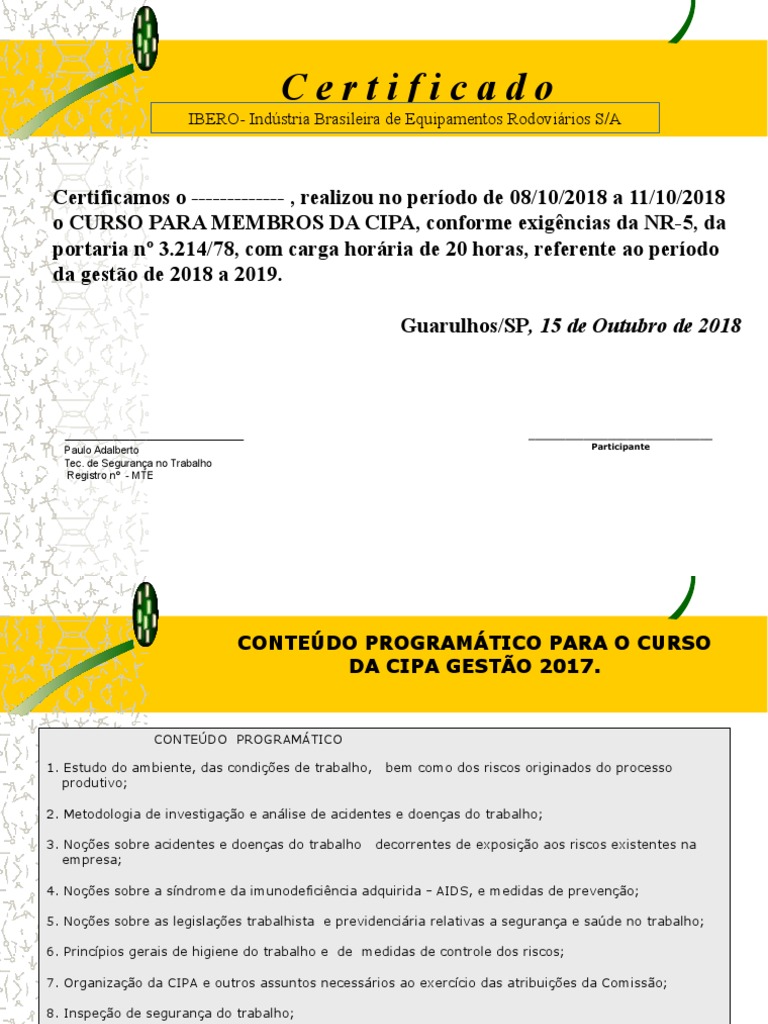 Certificado-Cipa NR05 | PDF | Negócios | Computadores