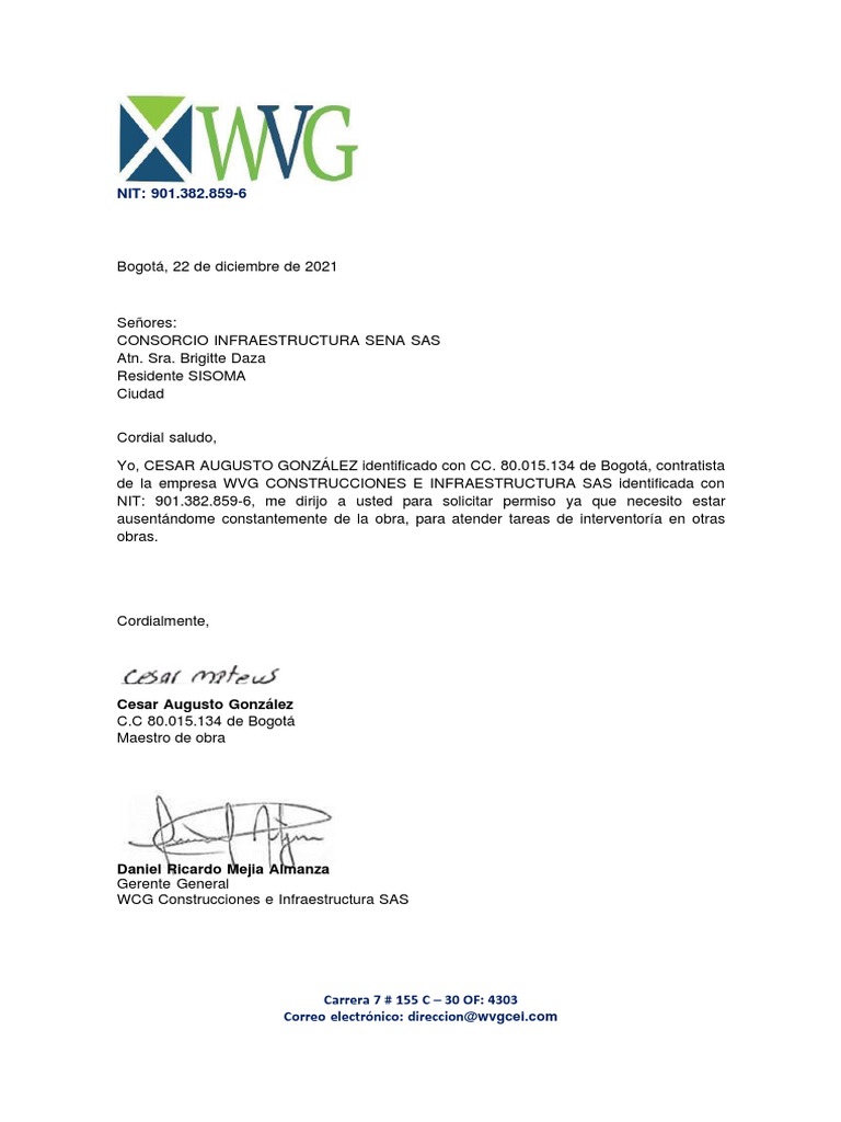 Carta Cesar Augusto Mateus Permiso | PDF