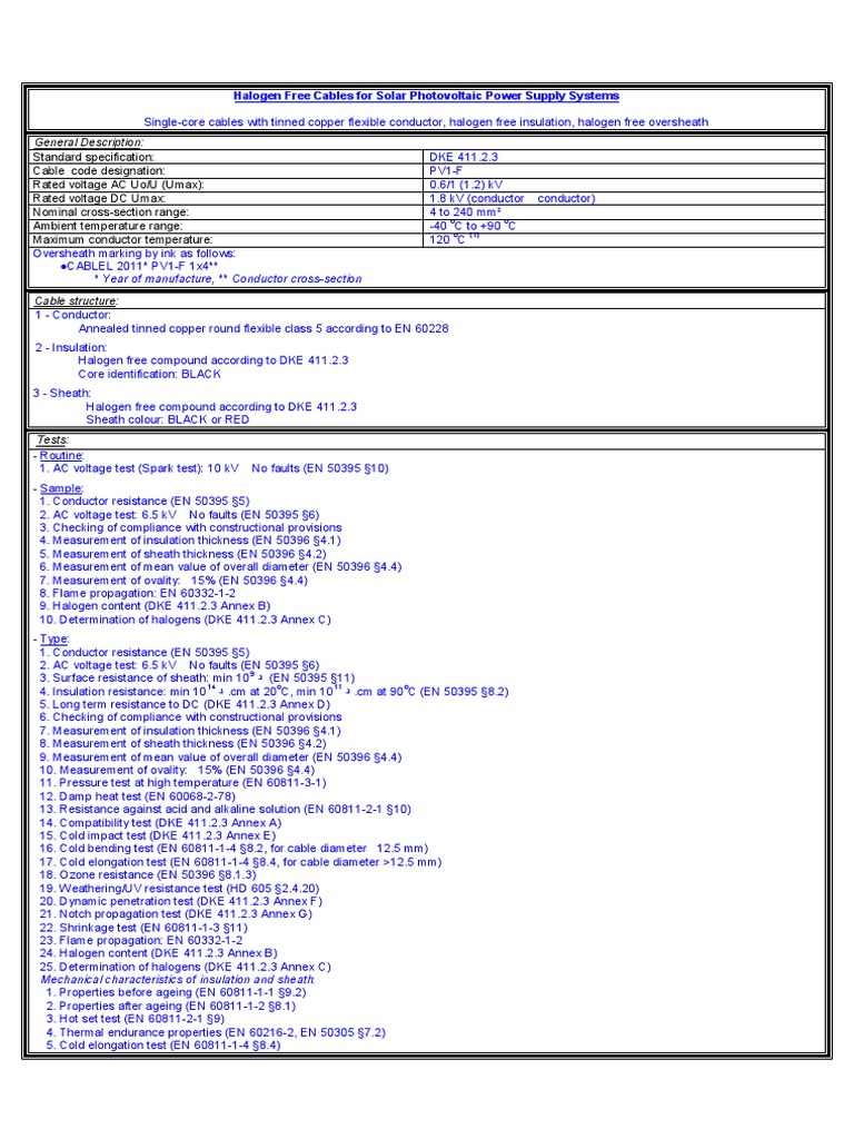 Halogen-Free Solar Cable Specifications | PDF | Electrical Resistance And Conductance ...