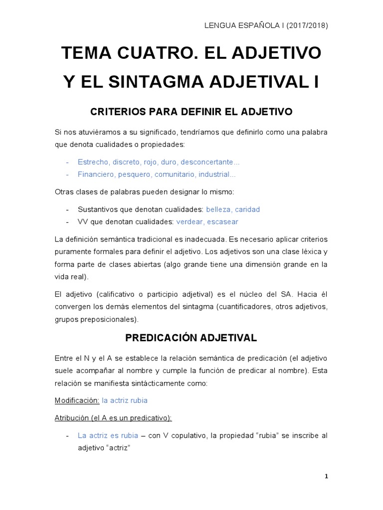 El Adjetivo y su Función Sintáctica | PDF | Adjetivo | Numero Gramatical