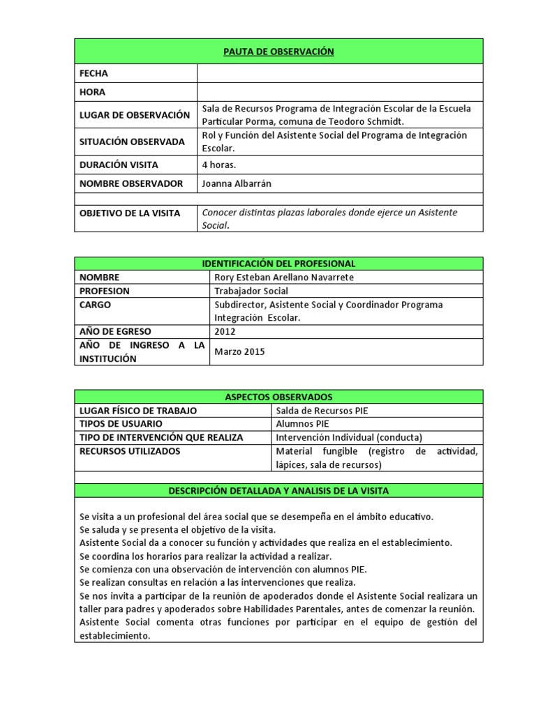 Pauta Observación Trabajo Social | PDF | Trabajo Social | Aprendizaje