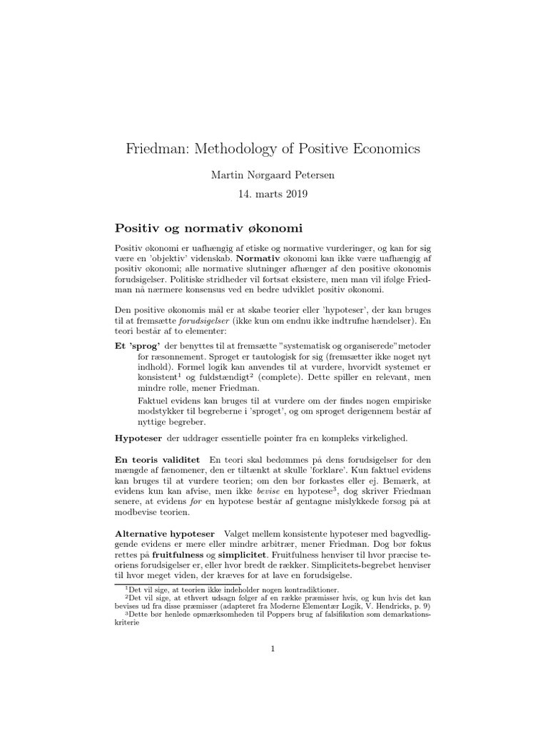 Friedman The Methodology of Positive Economics Summary | PDF