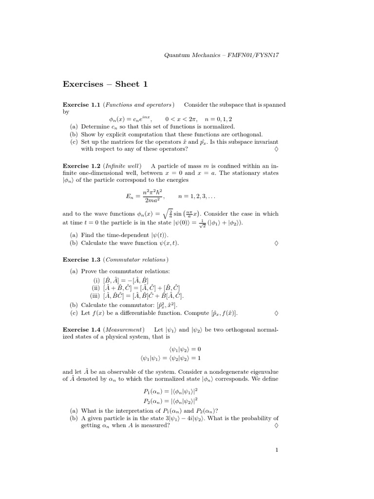 Exercises Sheet 1 | PDF | Quantum Mechanics | Theoretical Physics