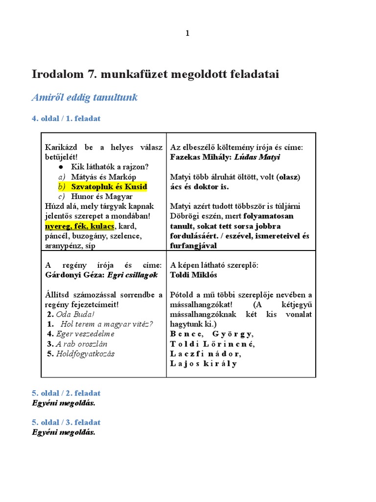 Megoldókulcs - Irodalom 7 - Munkaf - Teljjav - Doc (Visszaállítva) | PDF
