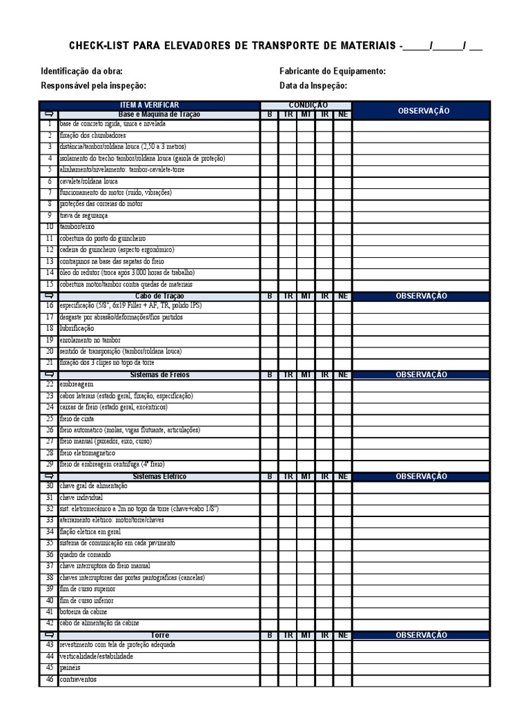 Check List para Elevadores de Transporte de Materiais | PDF | Bens manufaturados | Engenharia ...