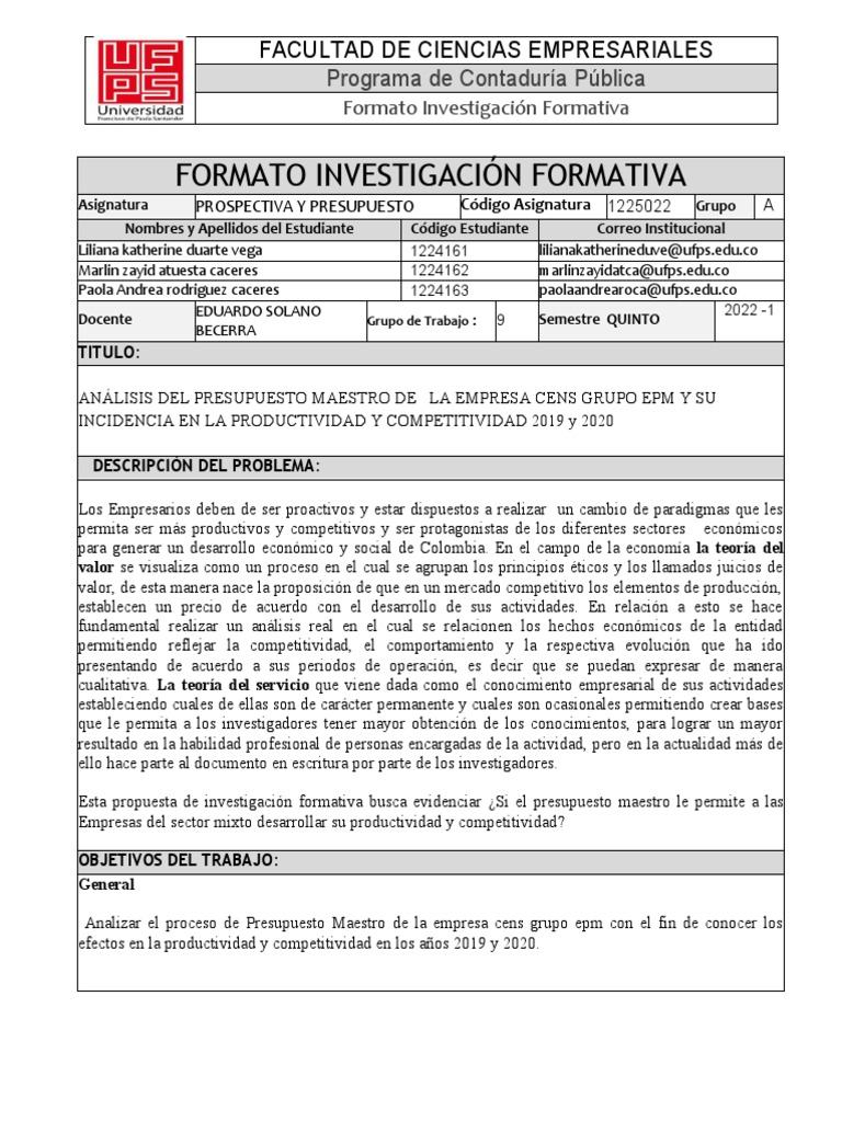 Formato Investigacion Formativa - 2022-I - PROSP Y PPTO Listo | PDF | Presupuesto | Contabilidad