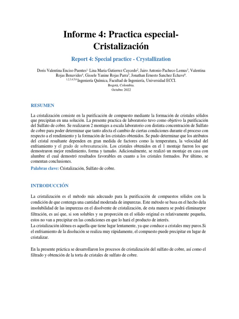 Practica Especial-Cristalización - Informe | PDF | Cristalización | Solubilidad