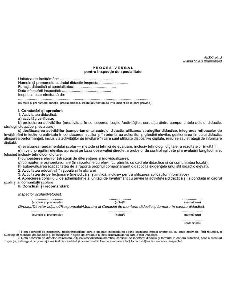 Proces Verbal - Inspectie de Specialitate - Definitivat | PDF