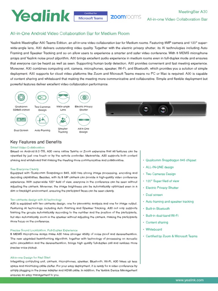 Yealink MeetingBar A30 Teams&Zoom Collaboration Bar Datasheet | PDF ...