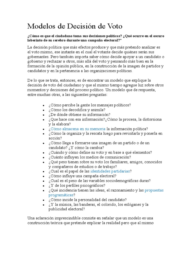 Modelos de Decisión de Voto | Descargar gratis PDF | Sicología | Votación