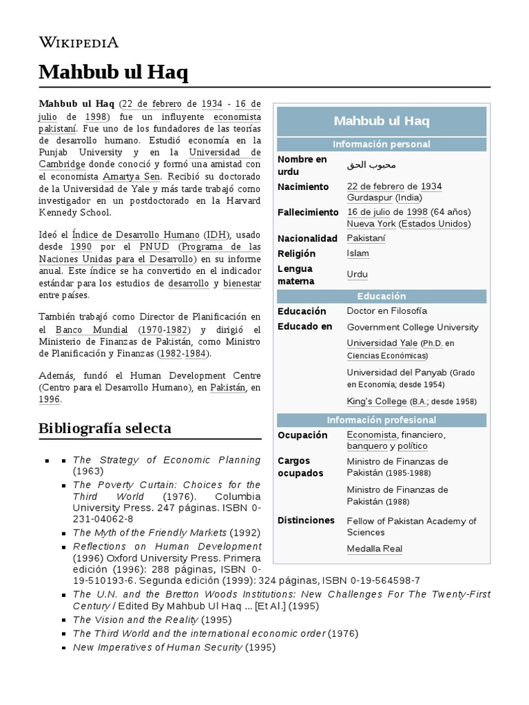 Mahbub Ul Haq | PDF | Índice de Desarrollo Humano | Economias Mahbub Ul Haq | PDF | Índice de Desarrollo Humano | Economias