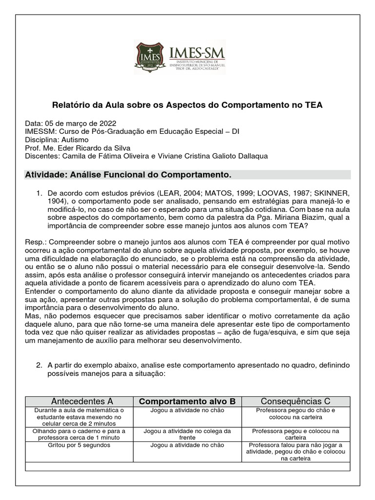 Relatório Da Aula Sobre Os Aspectos Do Comportamento No TEA | PDF ...