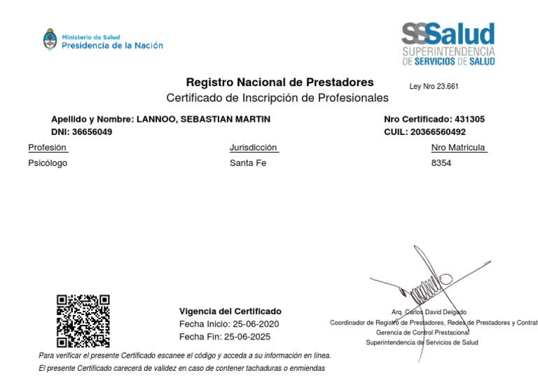 Certificado Registro Nacional de Prestadores | PDF