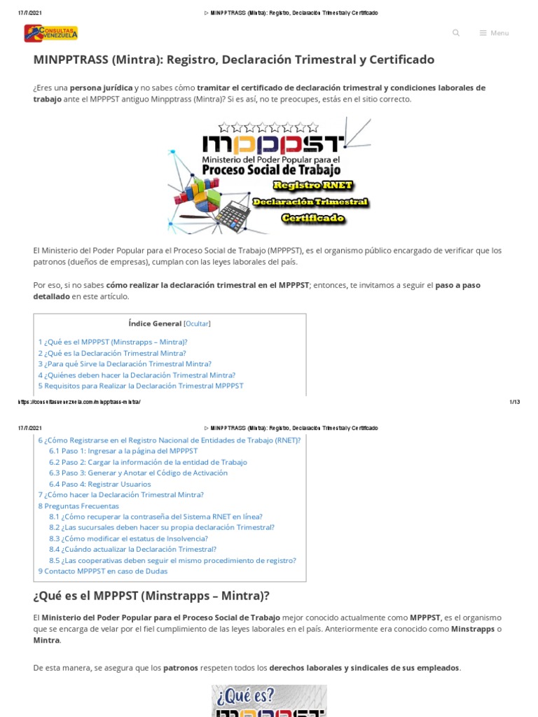 MINPPTRASS (Mintra) - Registro, Declaración Trimestral y Certificado ...