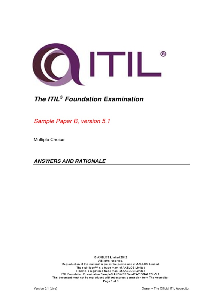 ITIL Foundation Examination SampleB ANSWERSandRATIONALES v5.1 | PDF | Business | Computing