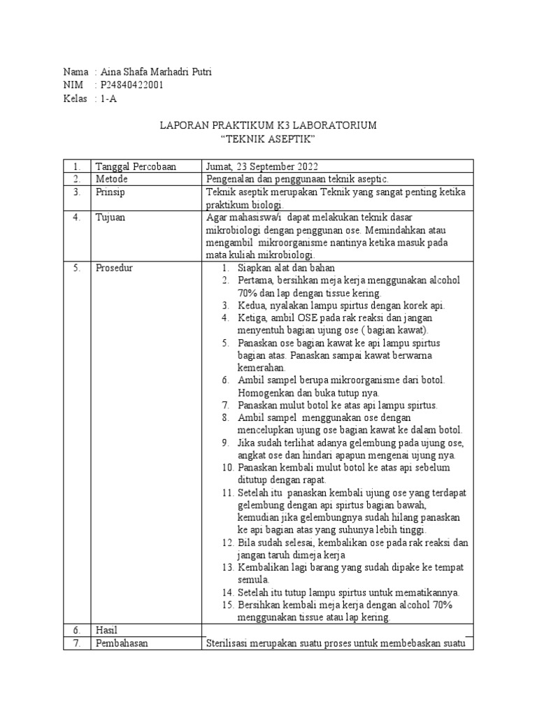 Teknik Aseptik - Aina Shafa MP - Laporan Praktikum K3 Laboratorium - 1A | PDF | Sains & Matematika