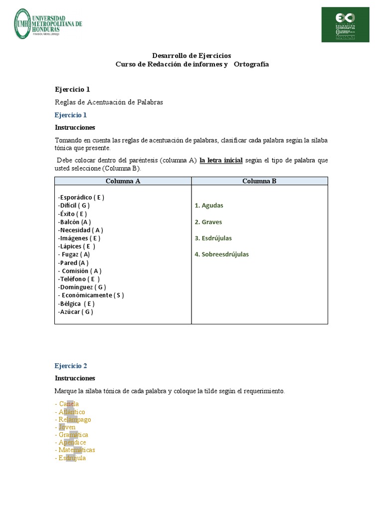 Ejercicios Reglas de Acentuación de Palabras | PDF
