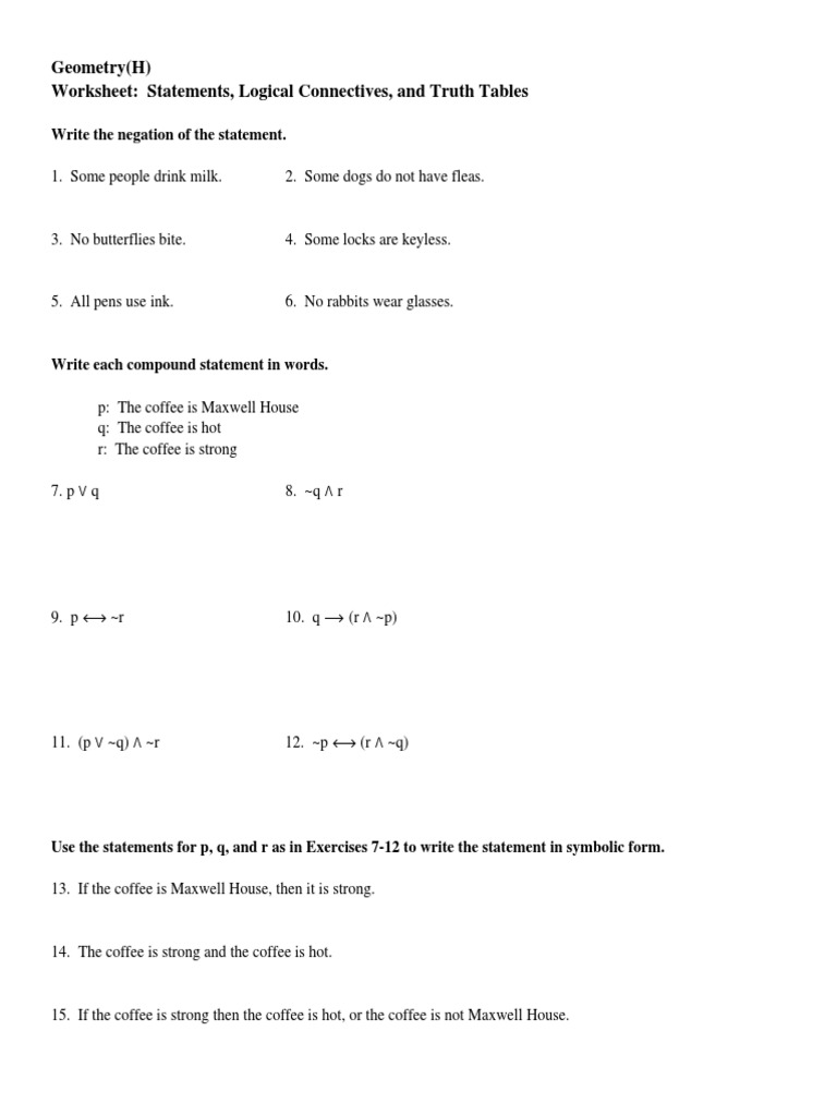Worksheet 1 - Logic (Proposition and Truth Tables) | PDF | Mathematical ...