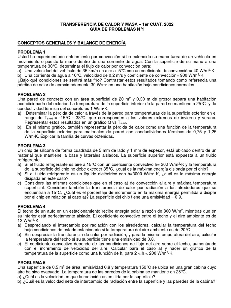 Transferencia de Calor Y Masa - 1er CUAT. 2022 Guía de Problemas N°1 | PDF | Convección | Calor