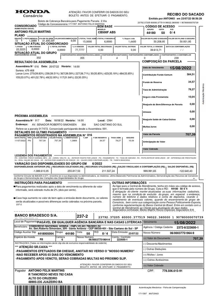 Recibo Do Sacado: Boleto de Cobrança Bancária para Pagamento Parcela ...