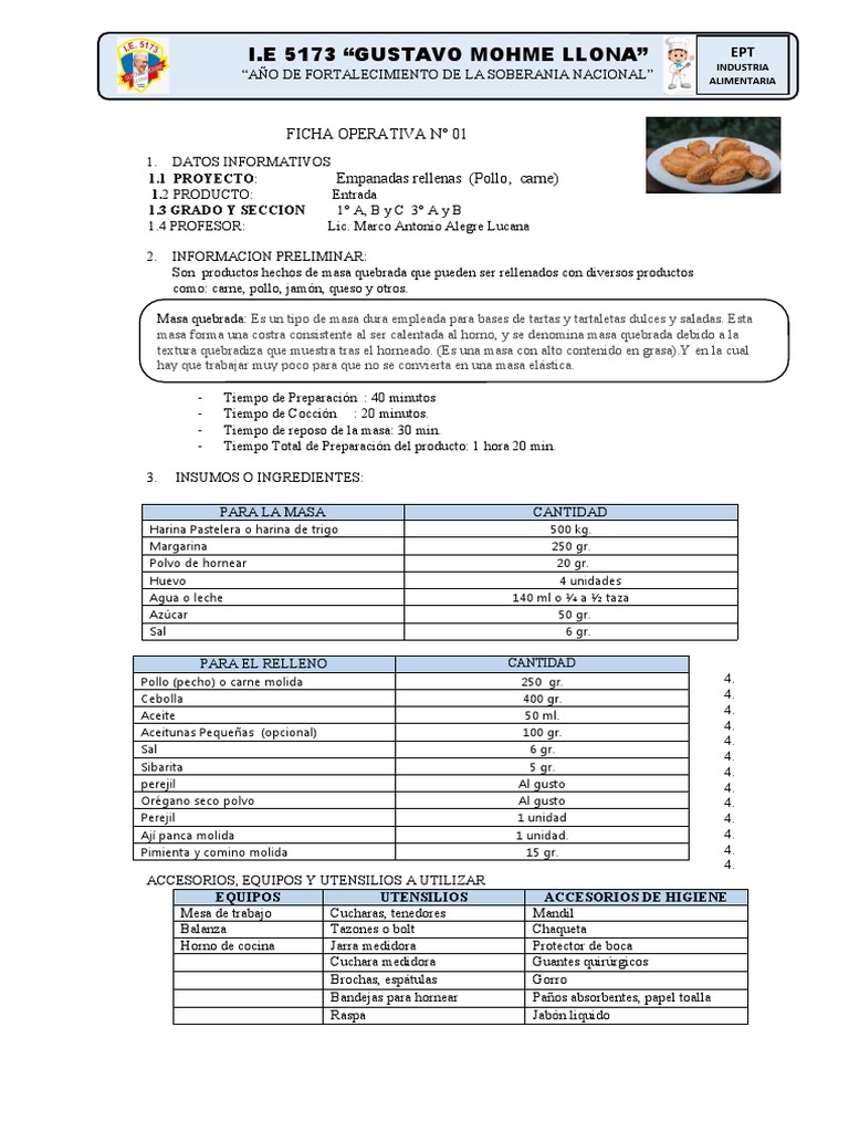 Ficha 01-Empanadas | Descargar gratis PDF | Alimentos | Ingredientes de ...