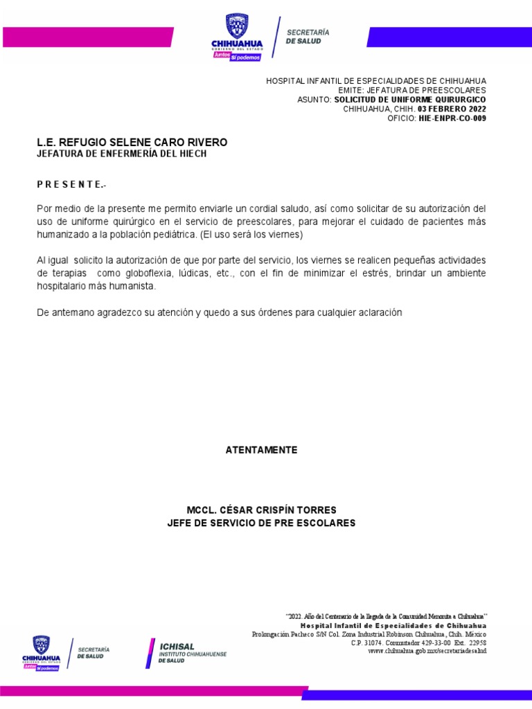 Oficio HIE-ENPR-CO-009 Solicitud de Uso de Uniforme Quirurgico | PDF