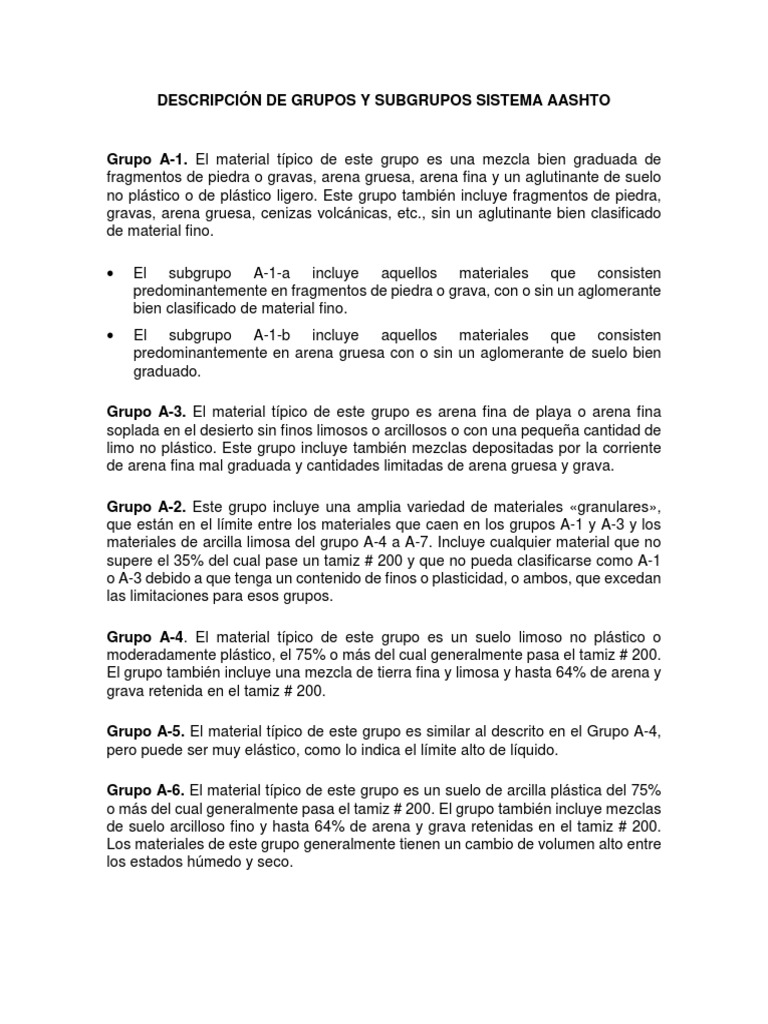 Descripción de Grupos y Subgrupos Sistema Aashto | PDF | Sedimentología | Geomorfología