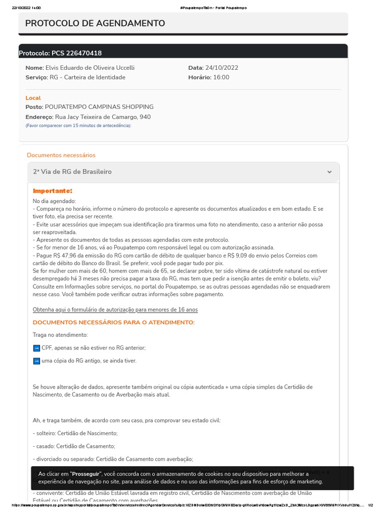 Protocolo de agendamento para emissão de RG no Poupatempo de Campinas | PDF