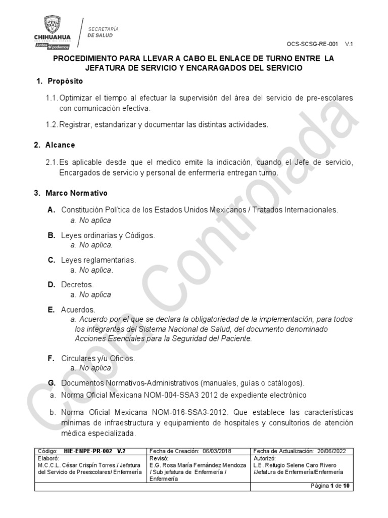 Hie-Enpe-Pr-002 V.2 Enlace de Turno Entre La Jefatura de Servicio y Encaragados Del Servicio ...