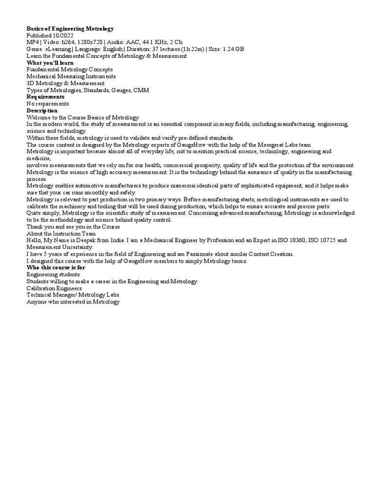 Basics of Engineering Metrology | PDF