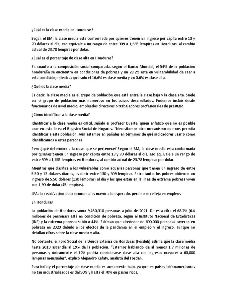 Cuál Es La Clase Media en Honduras | PDF | Honduras | Pobreza