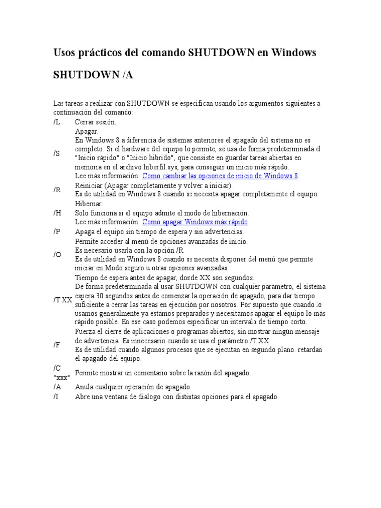 Usos del comando SHUTDOWN en Windows | PDF | Microsoft Windows ...