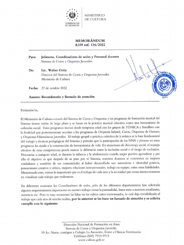 Memo A109 Ref.136-2022 - Recordatorio y Llamdo de Atención | PDF
