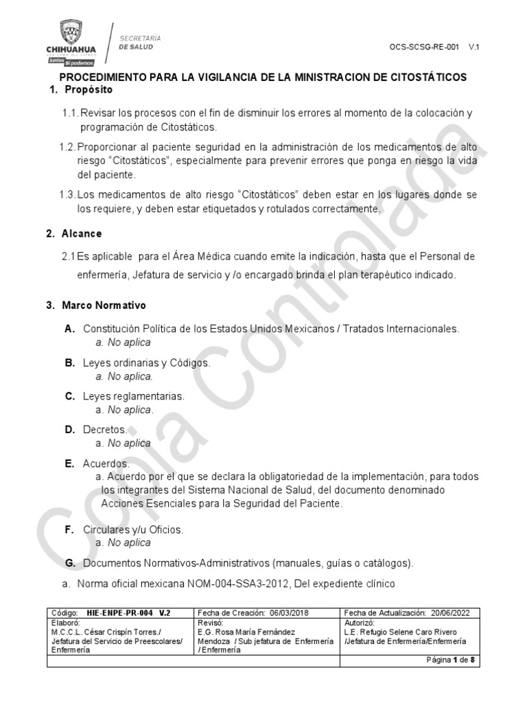 Hie-Enpe-pr-004 v.2 Procedimiento para La Vigilancia de Ministracion de Citostáticos | PDF ...