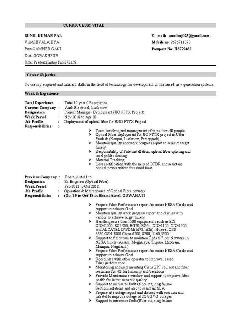 Resume Sunil | PDF | Optical Fiber | Nokia