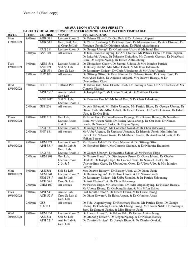 Faculty of Agric First Semester (2020-2021) Examination Timetable v2 | PDF