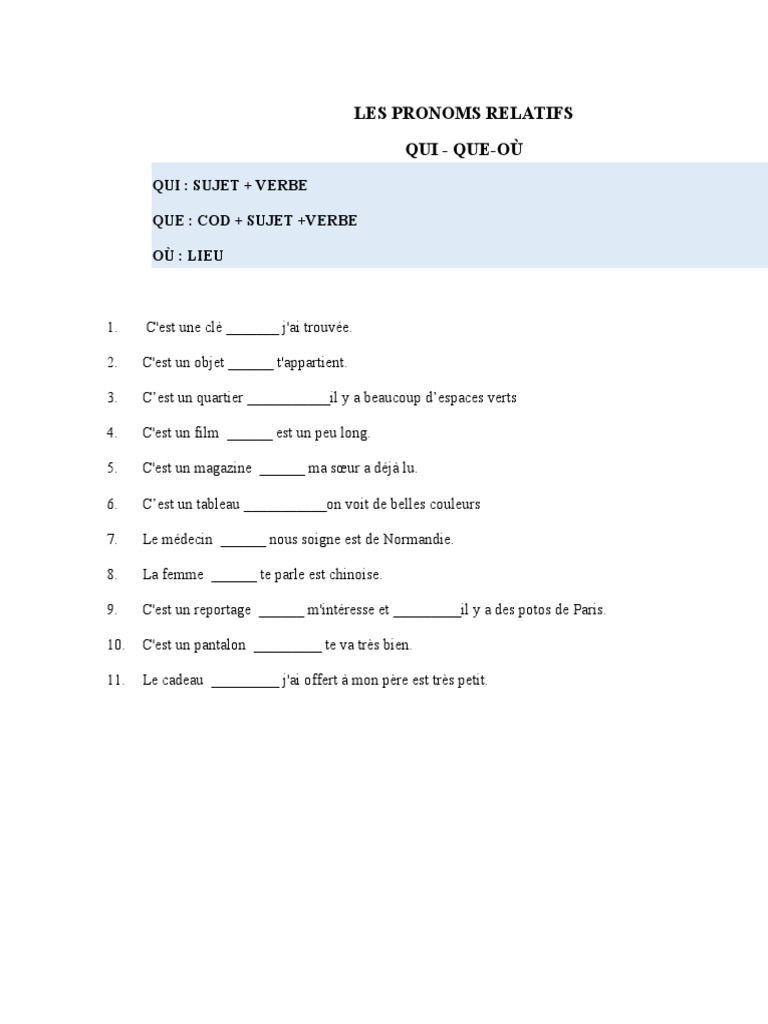 Exercices sur les pronoms relatifs | PDF
